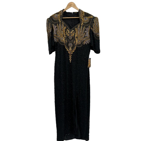 Vintage | Dresses | Vintage Gold Star Beaded Silk Gown Black Gold Size ...
